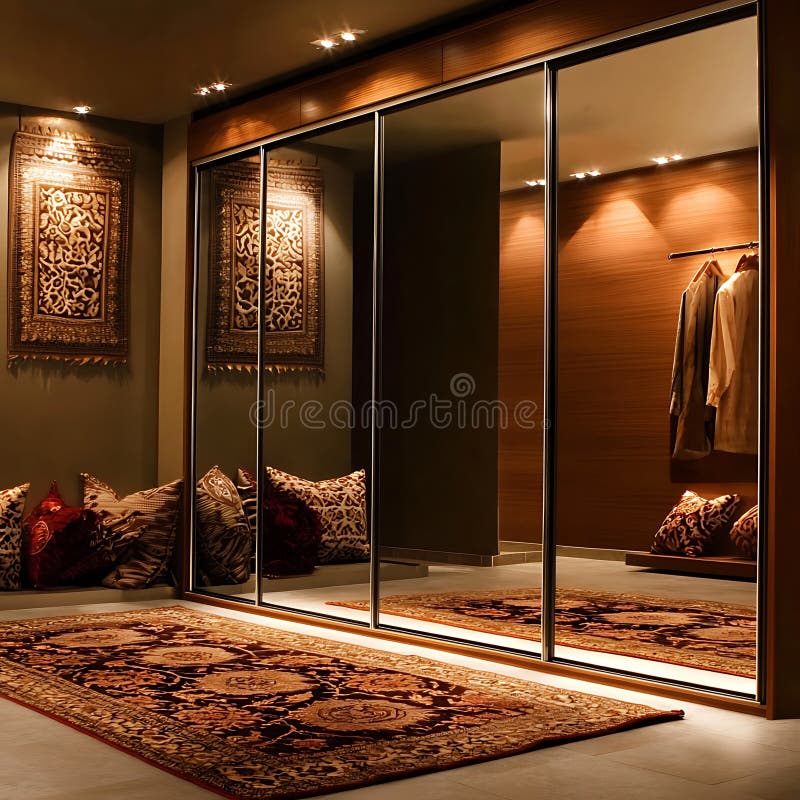 A Room with a Rug and a Mirror with a Light Shining on it Stock Photo ...