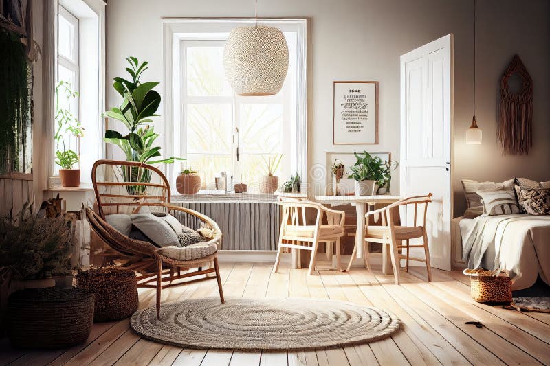 Room with Scandi-boho Interior, Featuring Light Wooden Flooring and ...