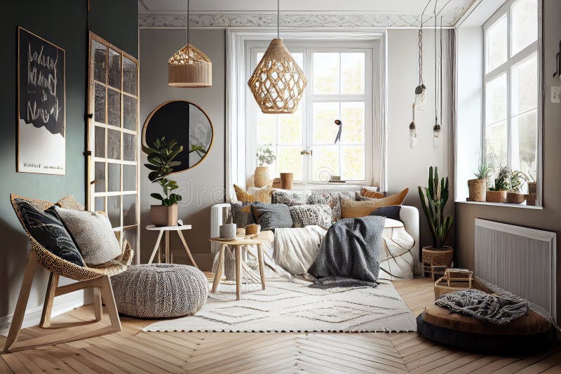 Room with Scandi-boho Interior, Featuring Light Wooden Flooring and ...