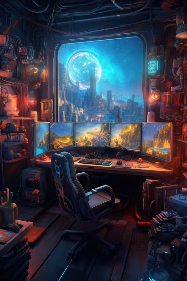 Room with Screens with Video Game and Gaming Chair, Created Using ...