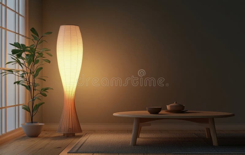 The Room is a Serene Asian Setting with a Lit Lamp, a Tea Set, and a ...