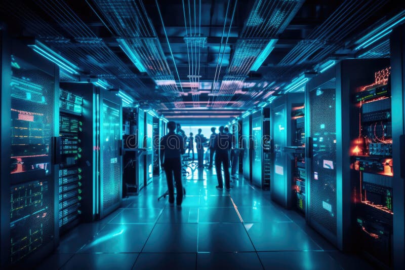 A Room with Servers in the Data Center in Blue. Modern Web Networks and ...