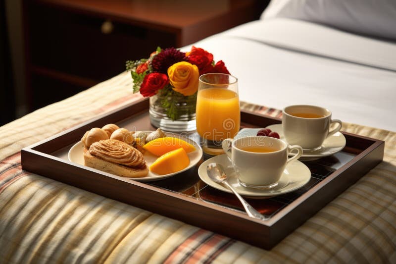 Room Service Breakfast Tray on a Comfortable Bed Stock Image - Image of ...