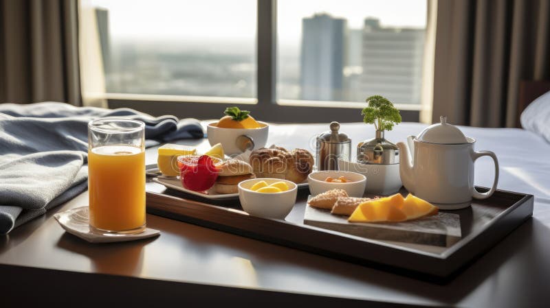 Room Service Delight. a Sumptuous Breakfast on Hotel Linens Stock ...