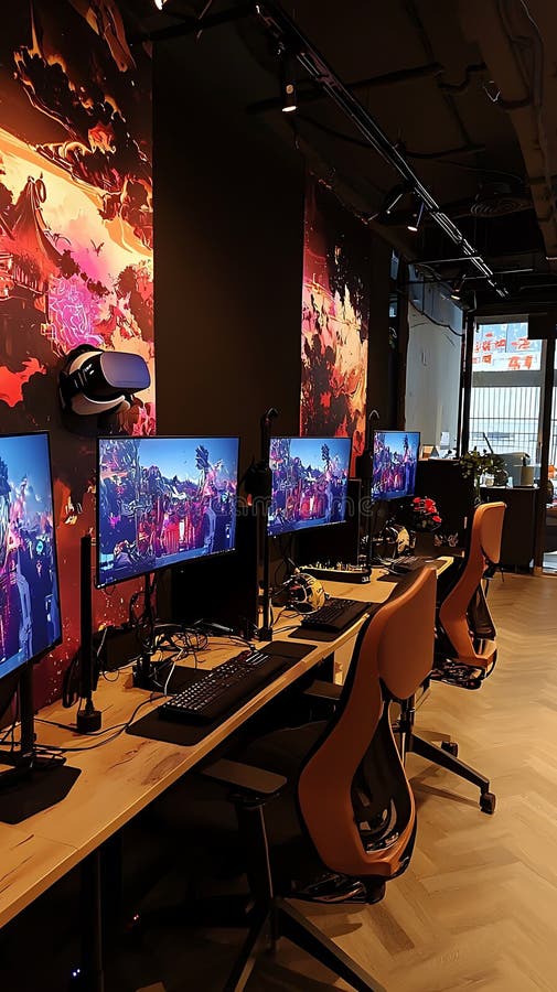 A Room with Several Computer Monitors and Chairs Stock Image - Image of ...