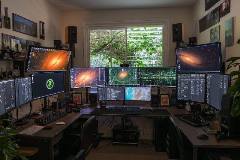 A Room with Several Computer Monitors and a Laptop Set Up for Work or ...