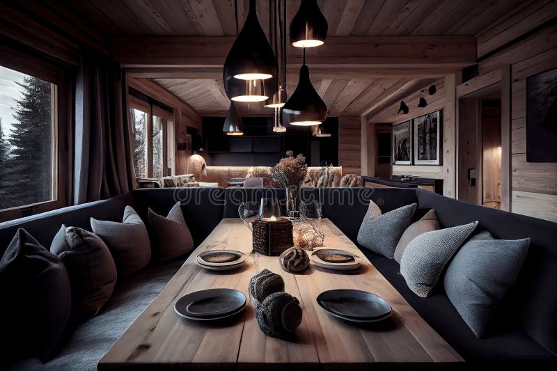 Room with Sofa and Decor in Form of Nature in Chalet Big Dining Table ...
