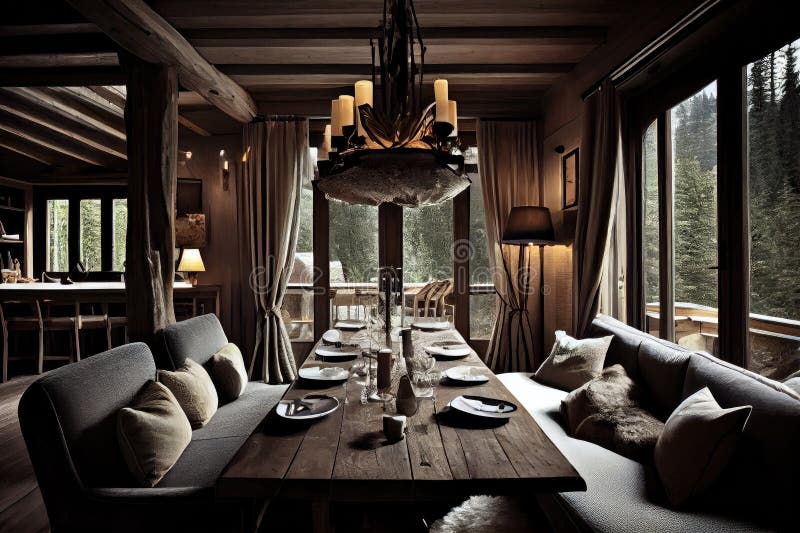 Room with Sofa and Decor in Form of Nature in Chalet Big Dining Table ...