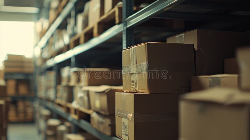 A Room with Stacked Cardboard Boxes and Metal Shelving Units. Stock ...