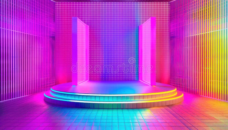 In the Room, a Stage in the Middle is Lit by Colorful Lights, Creating ...