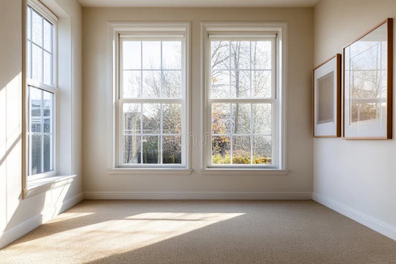 Room with Sunlight Streaming through Large Windows, Frames on Walls ...