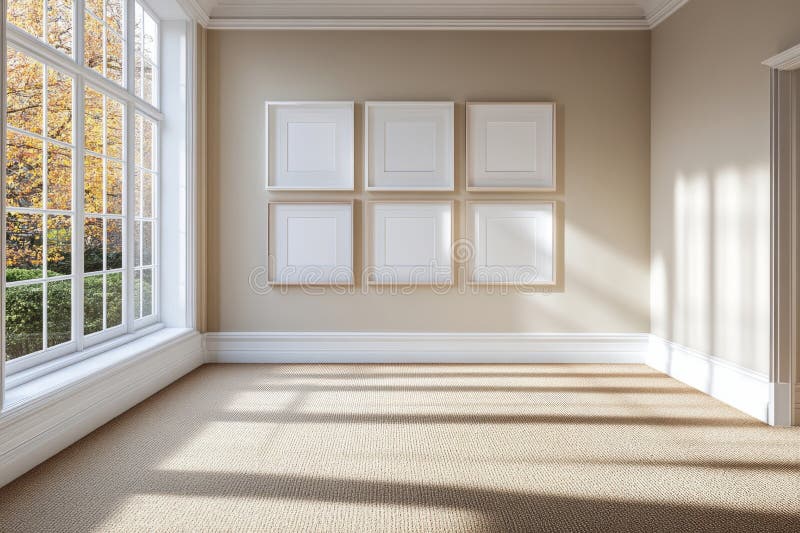 Room with Sunlight Streaming through Large Windows, Frames on Walls ...