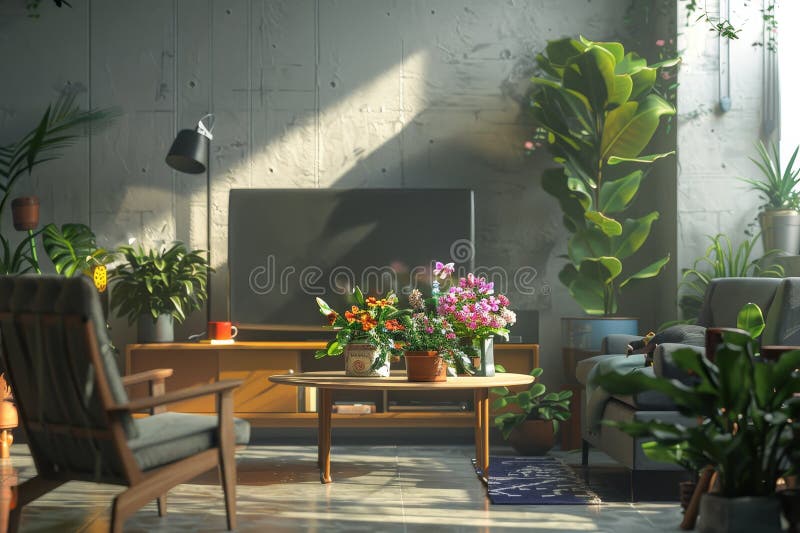 Room with Table and Chair, Flower Pots, Light Messy Stock Illustration ...