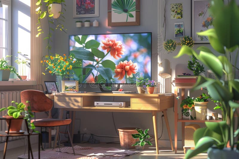 Room with Table and Chair, Flower Pots, Light Messy Stock Illustration ...