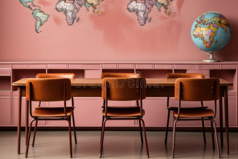 A Room with a Table and Chairs and a World Map on the Wall. AI. Stock ...