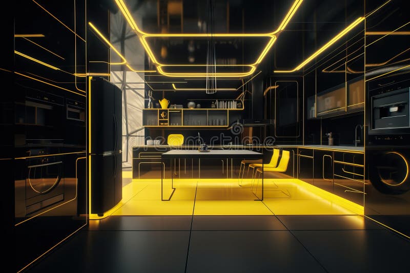 A Room with a Table, Chairs, and a Yellow Light in the Middle of the ...