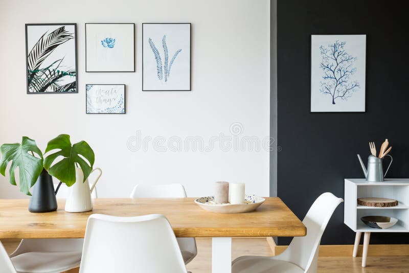 Room with Table and Posters Stock Image - Image of blue, minimal: 95151303