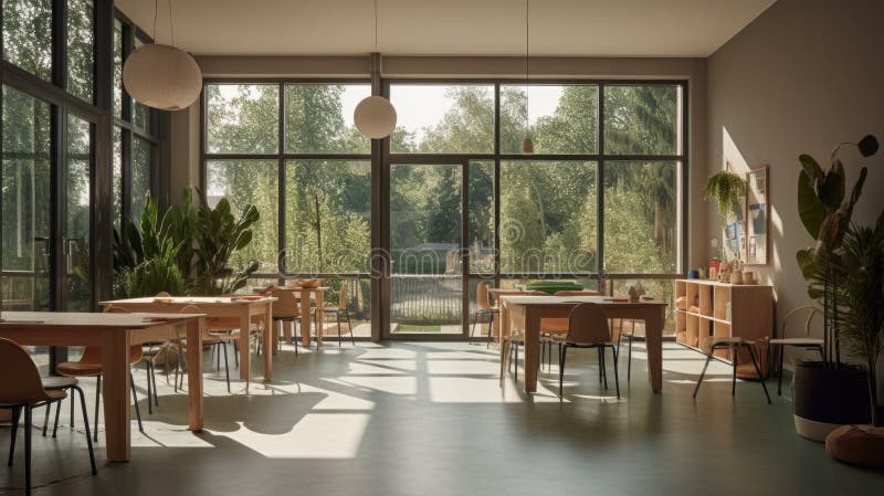 Room with Tables and Chairs and Large Windows Stock Illustration ...