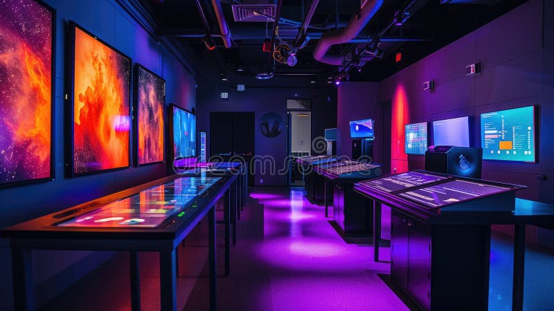 A Room with Tables, Stools, and a Wall Screen in a Spacious Interior ...