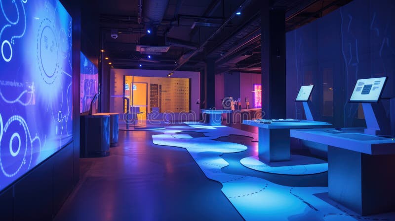 A Room with Tables, Stools, and a Wall Screen in a Spacious Interior ...