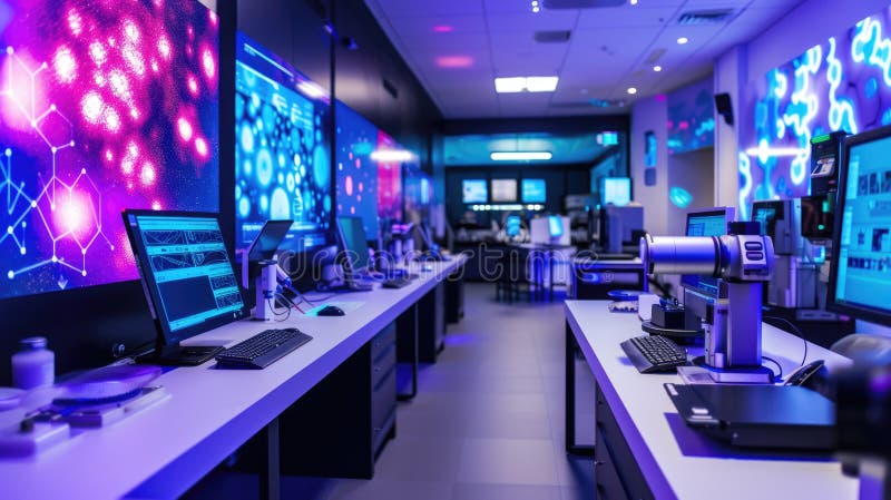 A Room with Tables, Stools, and a Wall Screen in a Spacious Interior ...