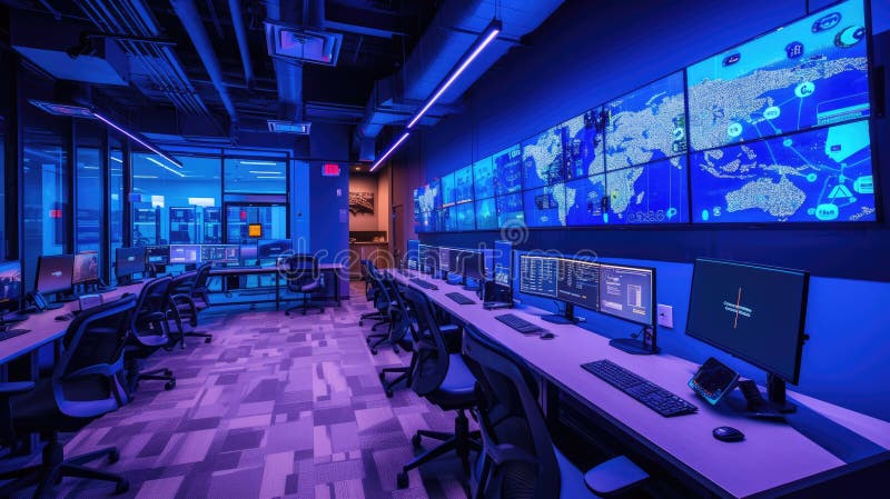 A Room with Tables, Stools, and a Wall Screen in a Spacious Interior ...