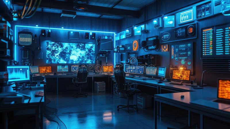 A Room with Tables, Stools, and a Wall Screen in a Spacious Interior ...