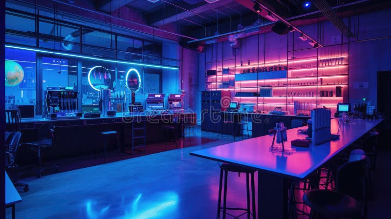 A Room with Tables, Stools, and a Wall Screen in a Spacious Interior ...