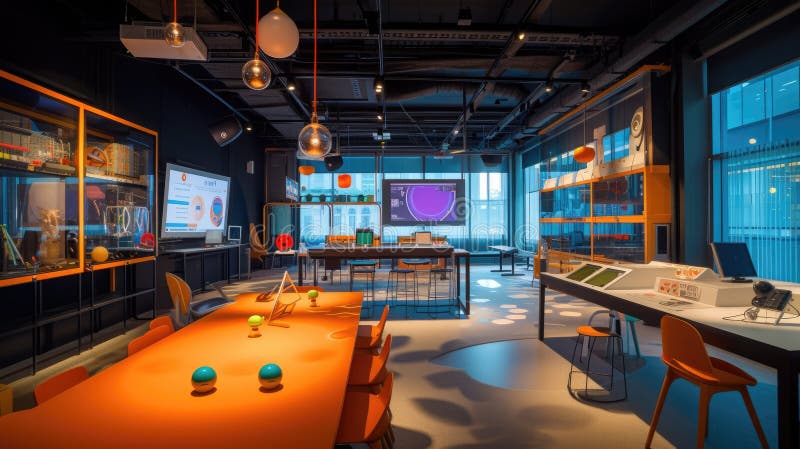 A Room with Tables, Stools, and a Wall Screen in a Spacious Interior ...