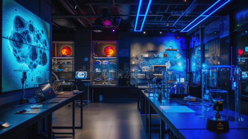 A Room with Tables, Stools, and a Wall Screen in a Spacious Interior ...