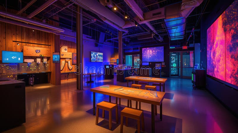 A Room with Tables, Stools, and a Wall Screen in a Spacious Interior ...