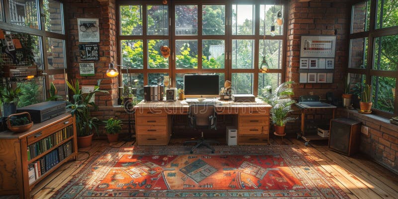 In the Room, There is a Computer on a Desk and a Rug on the Floor Stock ...