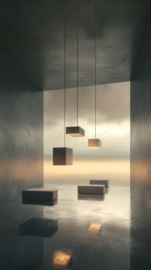 A Room with Three Hanging Lights and a Few Boxes on the Floor Stock ...