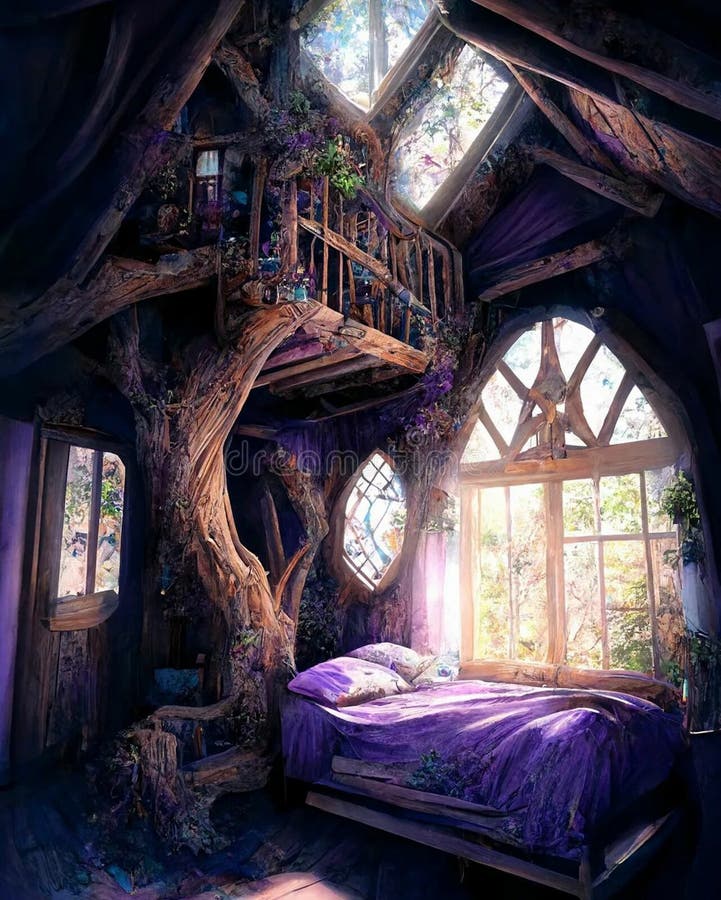 A Room with a Treehouse and a Bed with a Ladder Stock Illustration ...