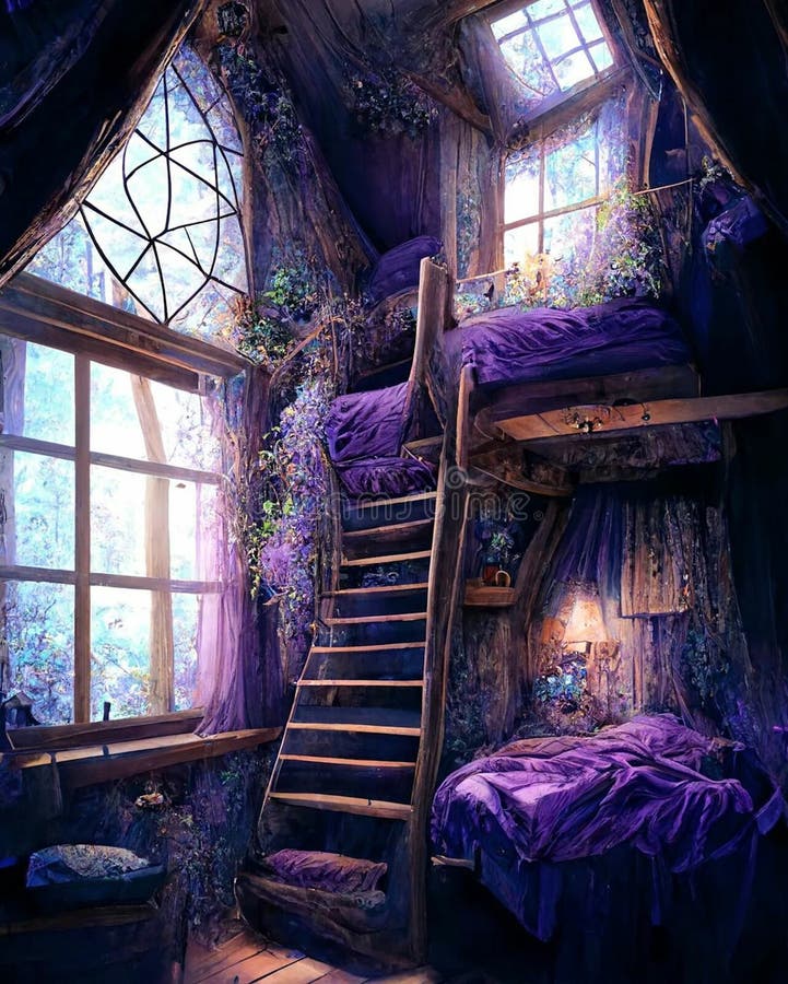 A Room with a Treehouse and a Bed with a Ladder Stock Illustration ...