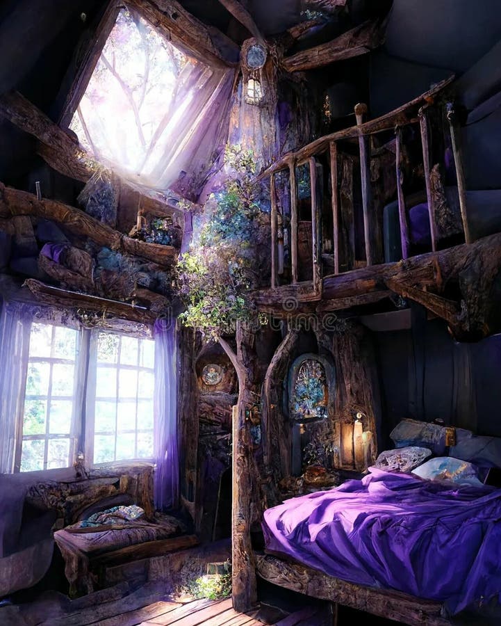 A Room with a Treehouse and a Bed with a Ladder Stock Illustration ...