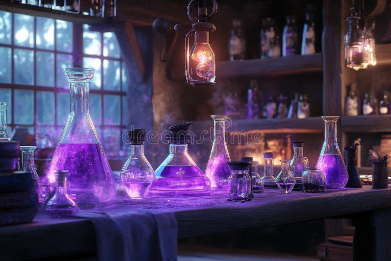 A Room with Two Purple Vials of Liquid on a Table Stock Photo - Image ...