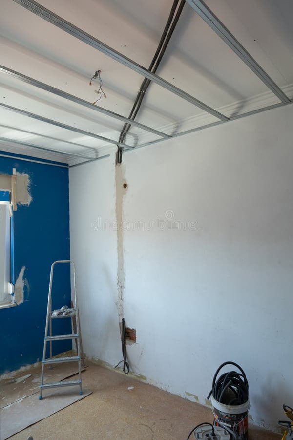 Room Under Renovation with Exposed Ceiling Framework Stock Image ...