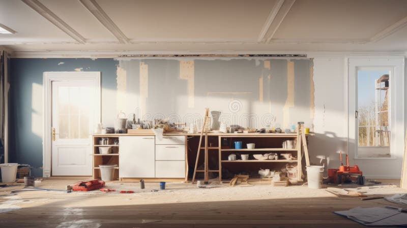 A Room Undergoing Extensive Remodeling with Various Construction Work ...