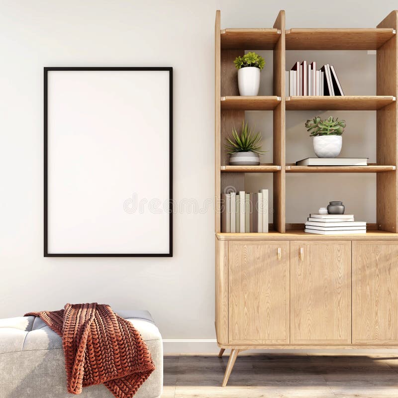 Room with a Vertical Frame Mockup, Storage Unit Decorated with Plants ...