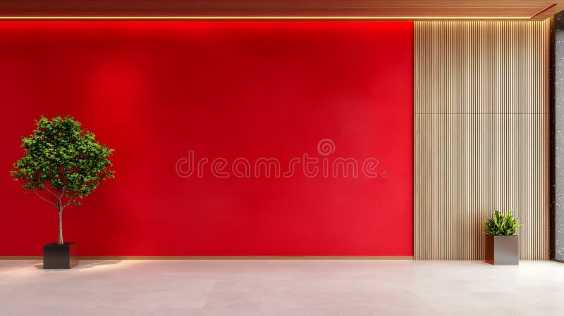 Modern Interior with Red Wall and Wood Paneling Featuring Plants on the ...