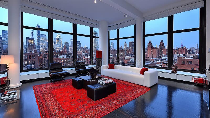 Room View, City Skyline Dusk, Interior Design Use Stock Illustration ...