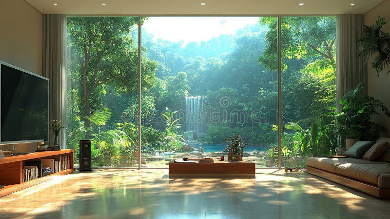 Room View, Lush Jungle, Waterfall; Home Decor Use Stock Photo - Image ...