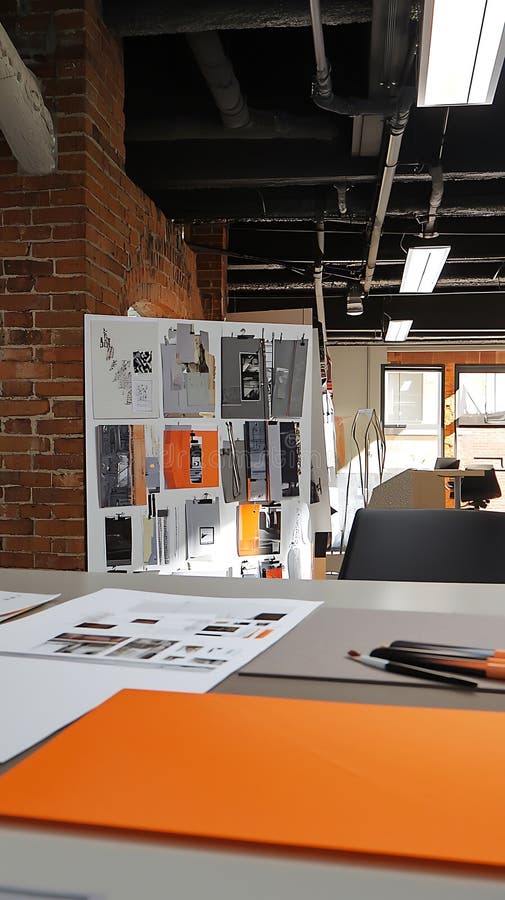 A Room with a Wall of Drawings and a Table with a Stack of Papers Stock ...