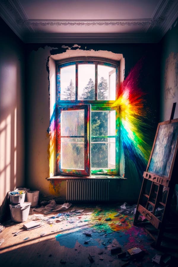 Messy Room with Lot of Art Supplies on the Table and Big Window ...