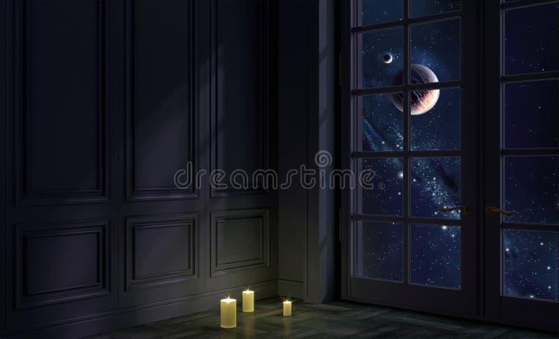 Room with a Window at Night and Space Stock Illustration - Illustration ...