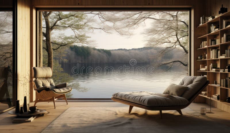 A Room with Windows Facing a Lake or Forest, Stock Image - Image of ...