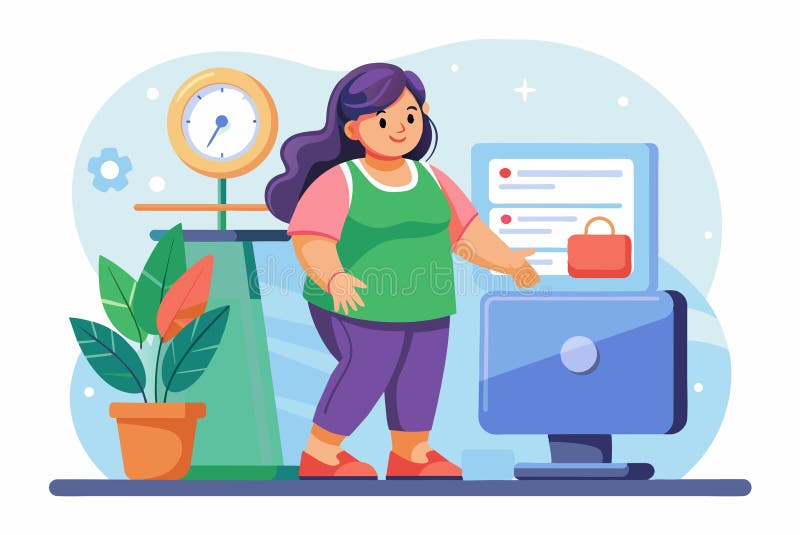 A Woman is Standing Next To a Computer and a Scale Stock Image - Image ...