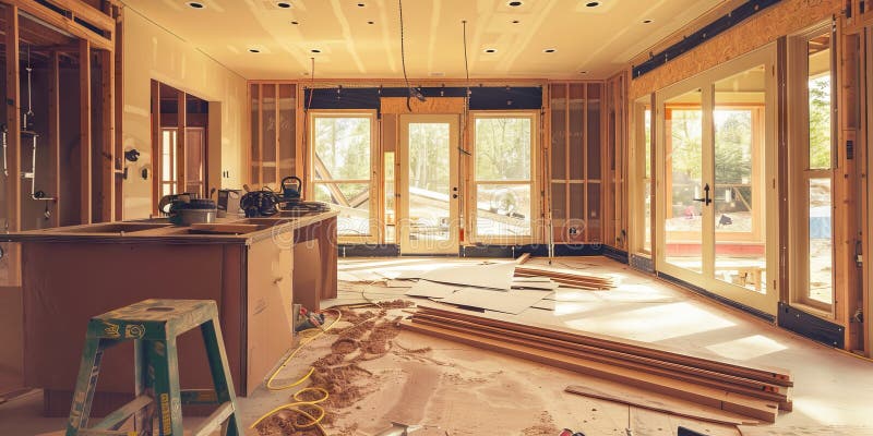 A Room with Wood Framing and a Kitchen Stock Image - Image of floor ...