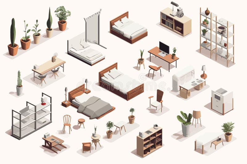 Rooms Interior Set Isometric Vector Flat Isolated Illustration Stock ...